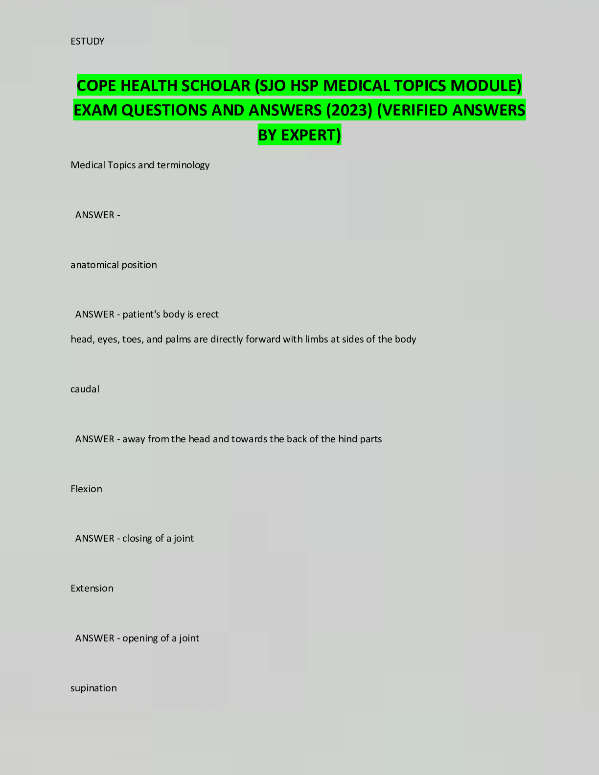 COPE HEALTH SCHOLAR (SJO HSP MEDICAL TOPICS MODULE) EXAM QUESTIONS AND ...